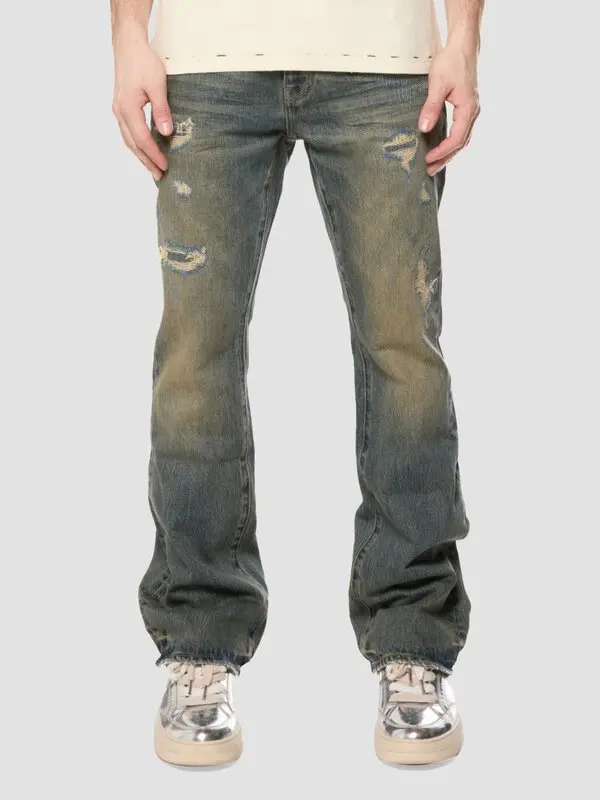 PURPLE BRAND Quilted Destroyed Mid Indigo Bootcut Jeans