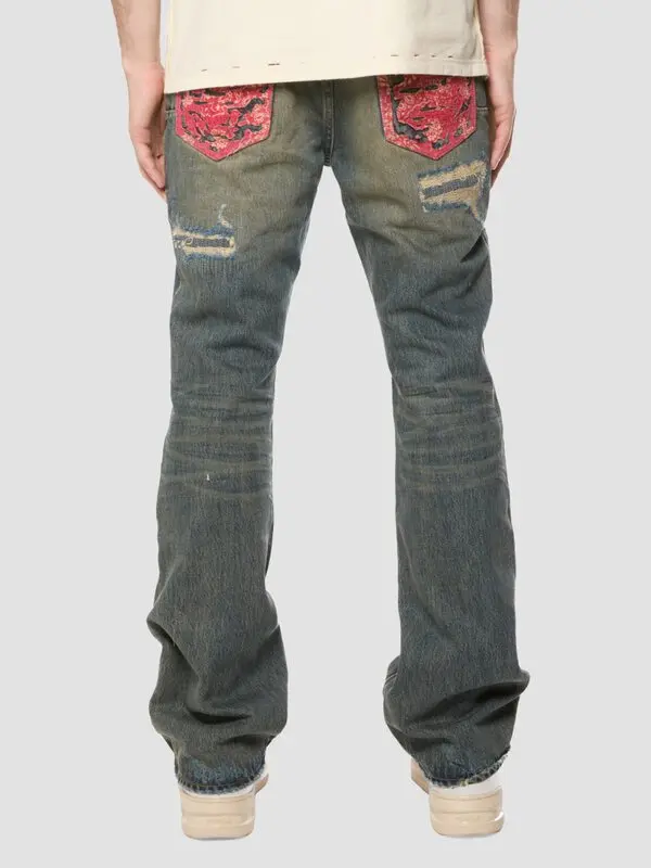 PURPLE BRAND Quilted Destroyed Mid Indigo Bootcut Jeans