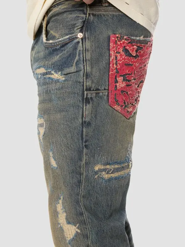 PURPLE BRAND Quilted Destroyed Mid Indigo Bootcut Jeans