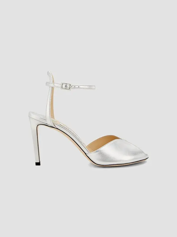 JIMMY CHOO Sacora 85mm Metallic Leather Sandals - Silver