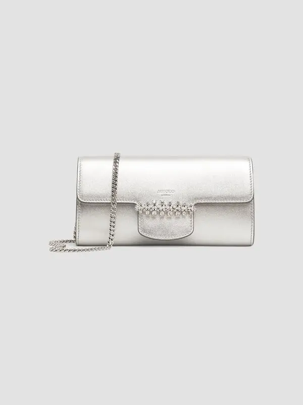 JIMMY CHOO Bing Metallic Leather Chain Wallet - Silver