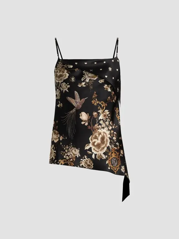 Camilla Printed Silk Asymmetric Draped Top - Flamenco Folklore