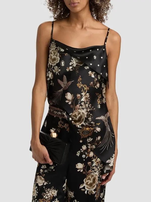 Camilla Printed Silk Asymmetric Draped Top - Flamenco Folklore