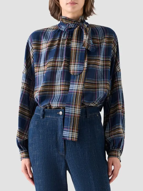 Akris Checked Wool-blend Blouse - Navy Multicolor