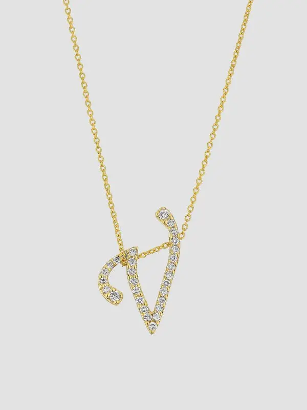 Roberto Coin Tiny Treasures Script Initial 18k Yellow Gold, Ruby & 0.24-0.34 Tcw Diamond Pendant Necklace - Initial V