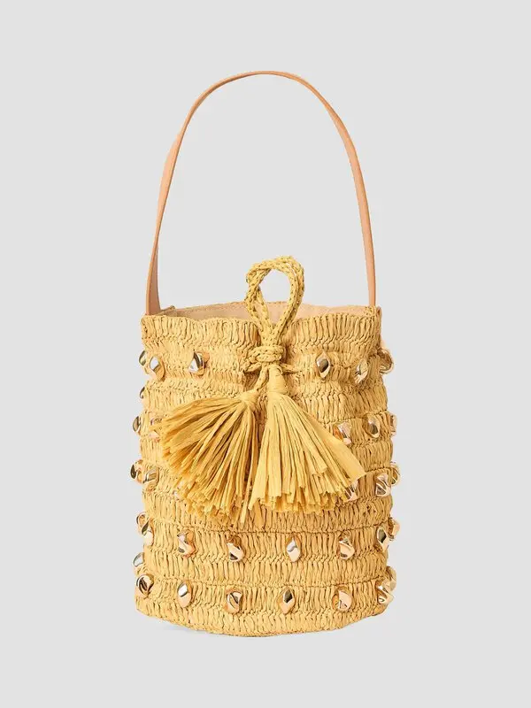 BTB LOS ANGELES Gaila Studded Raffia Bucket Bag - Natural