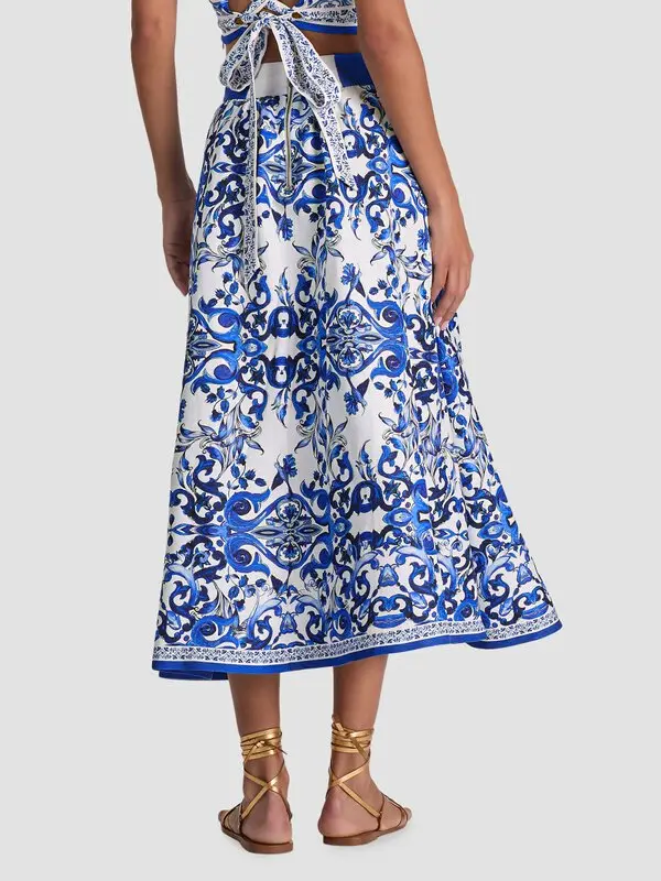 Alice + Olivia Earla Majolica Linen-blend A-line Midi Skirt