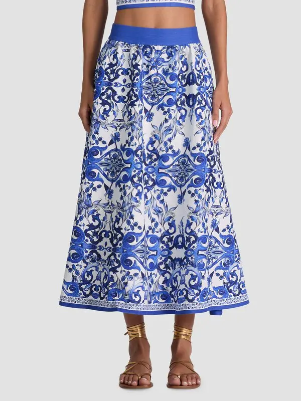 Alice + Olivia Earla Majolica Linen-blend A-line Midi Skirt