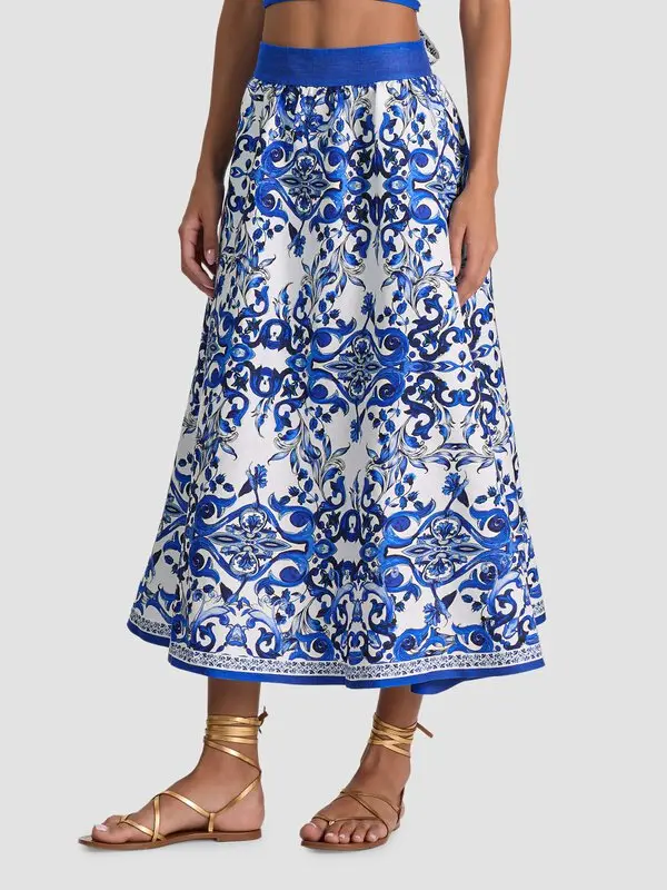 Alice + Olivia Earla Majolica Linen-blend A-line Midi Skirt