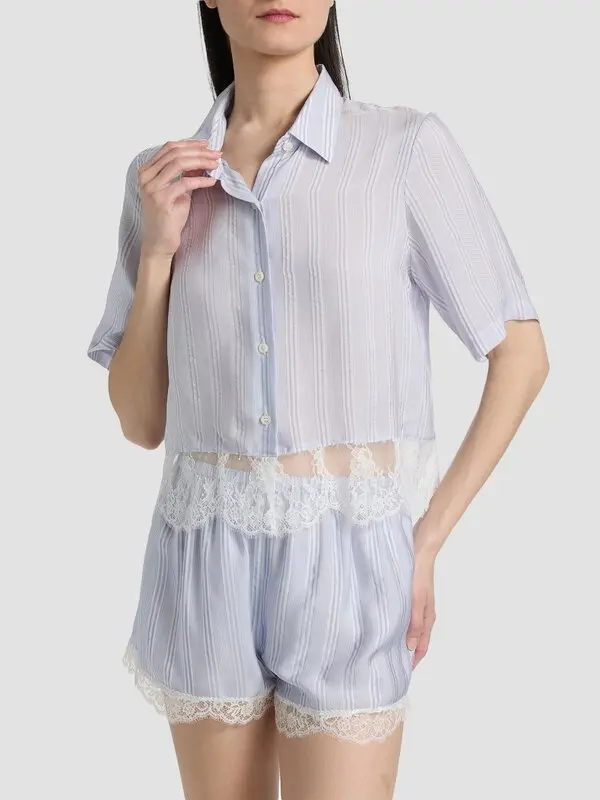 FRAME Striped Silk Lace Crop Shirt - Chambray Multi