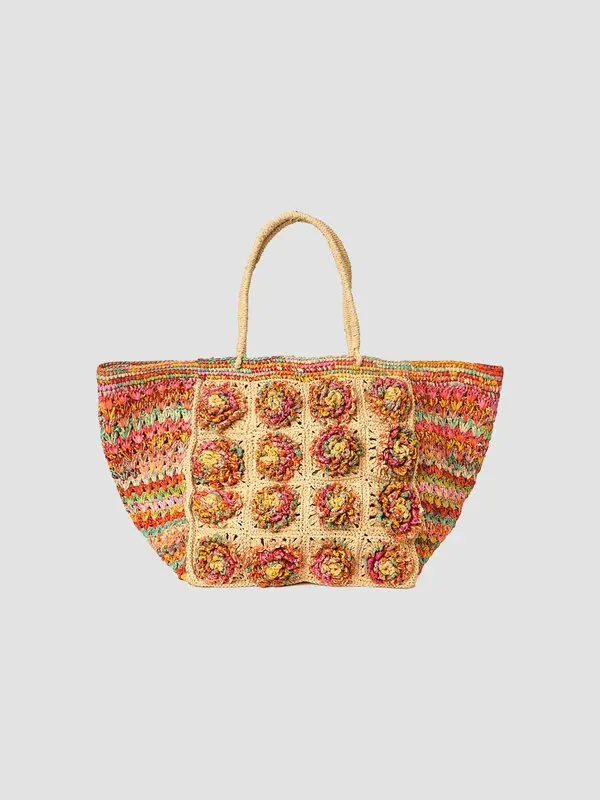 BTB LOS ANGELES Hazel Floral Woven Raffia Tote Bag - Multi