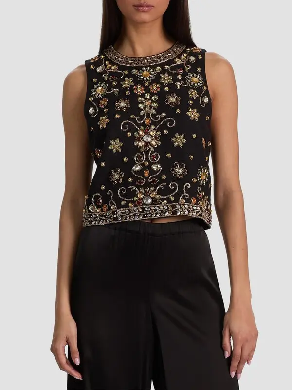 Alice + Olivia Amal Embellished Linen Boxy Sleeveless Top
