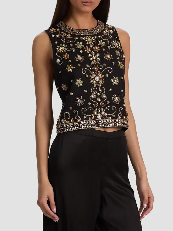Alice + Olivia Amal Embellished Linen Boxy Sleeveless Top