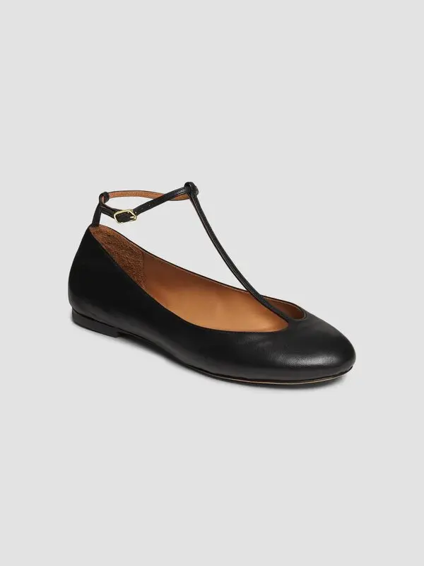 ODISSI Calla Leather T-strap Ballet Flats - Black