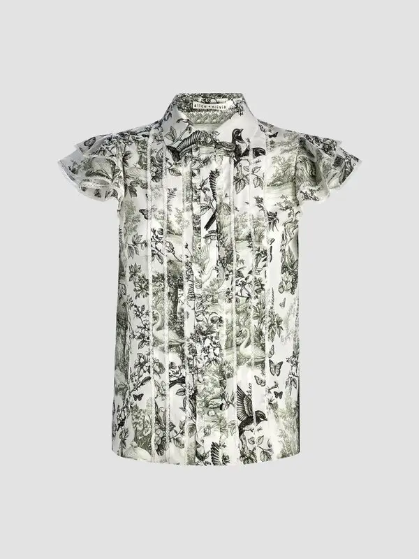Alice + Olivia Minda Printed Silk Pleated Blouse