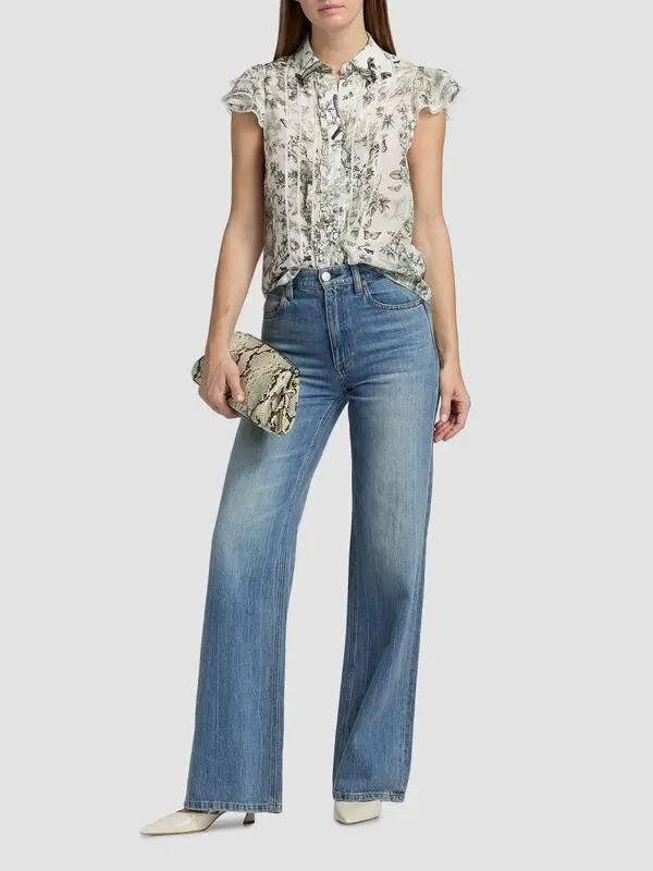 Alice + Olivia Minda Printed Silk Pleated Blouse