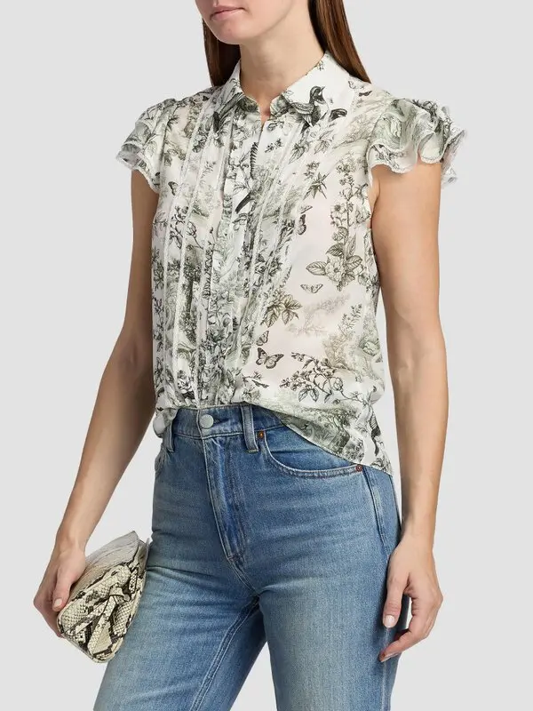 Alice + Olivia Minda Printed Silk Pleated Blouse
