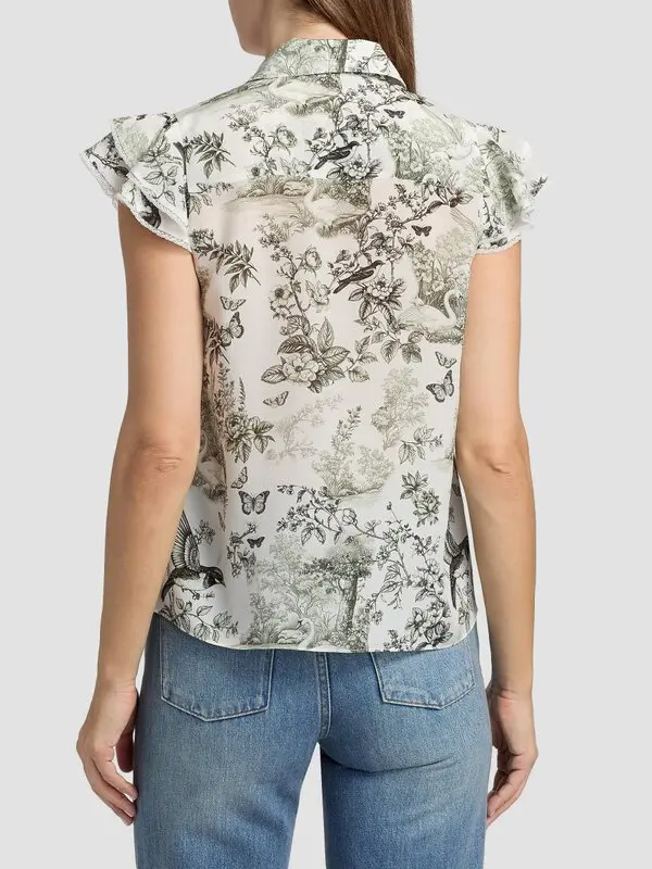 Alice + Olivia Minda Printed Silk Pleated Blouse
