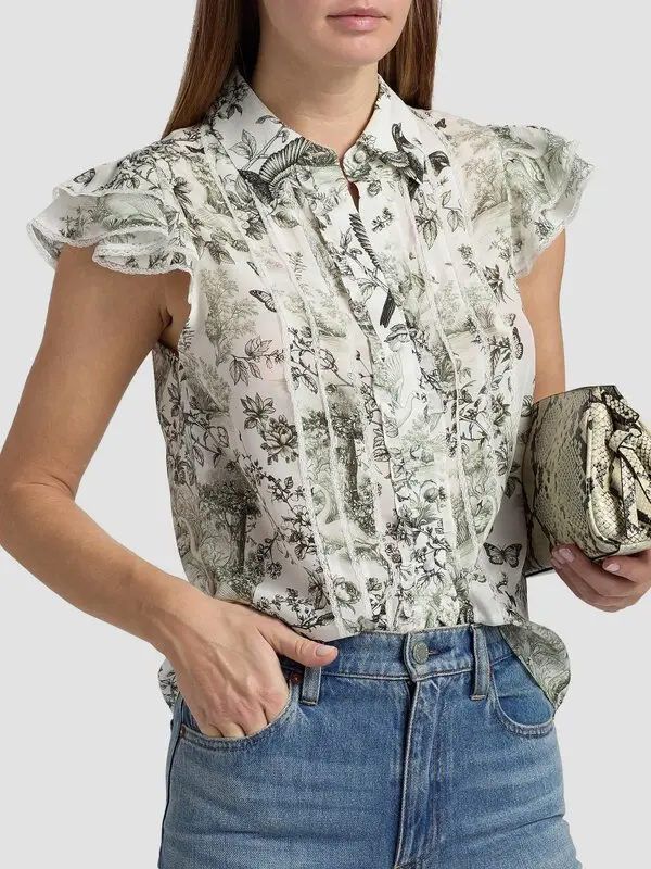 Alice + Olivia Minda Printed Silk Pleated Blouse