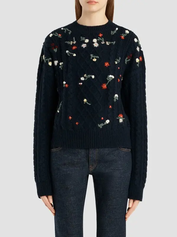 Khaite Elias Embroidered Cashmere Crewneck Sweater - Deep Navy