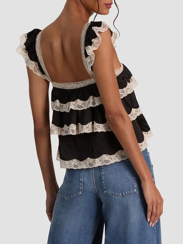 Alice + Olivia Sylvie Tiered Lace Flutter Crop Top - Black