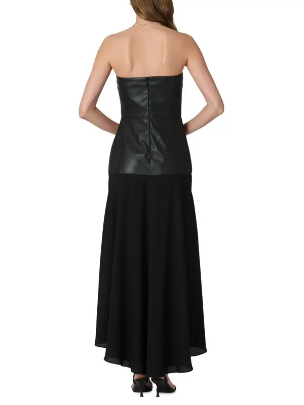Shoshanna Rustin Draped Faux-leather Strapless Midi-dress