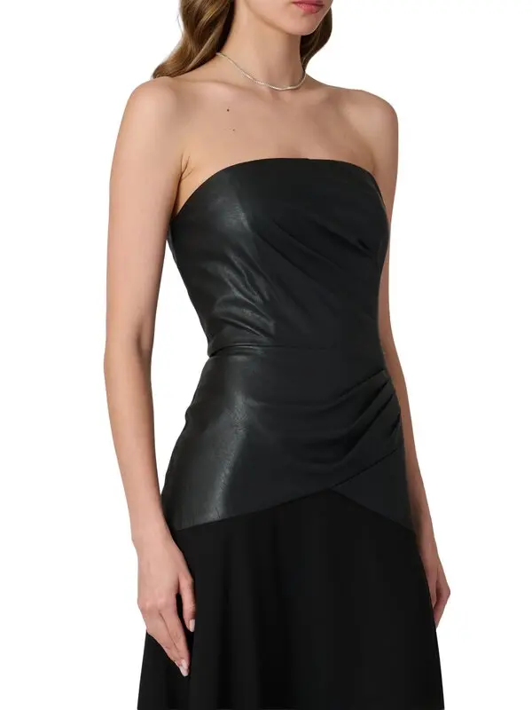 Shoshanna Rustin Draped Faux-leather Strapless Midi-dress