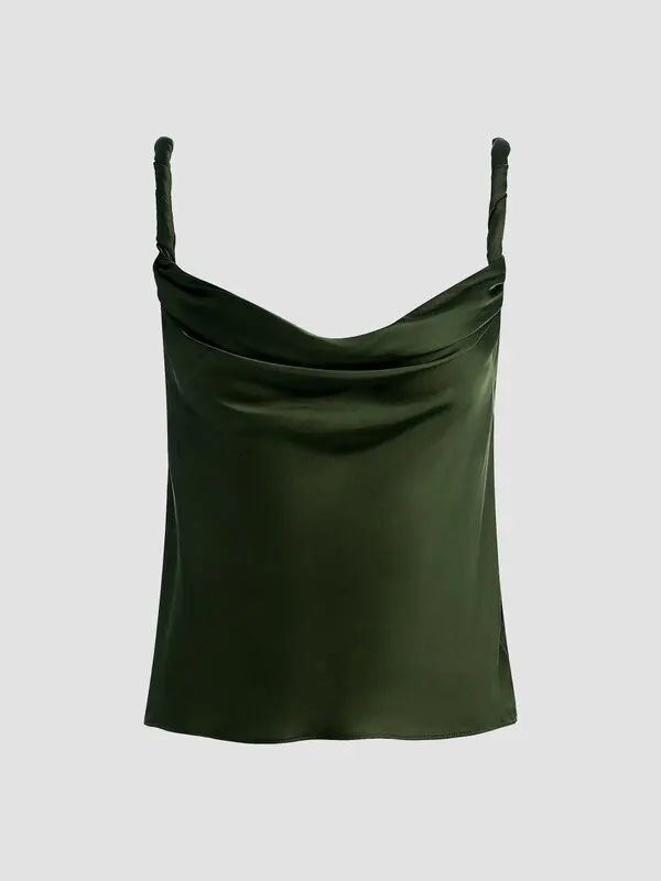 Alice + Olivia Monique Cowlneck Satin Tank - Dark Fern
