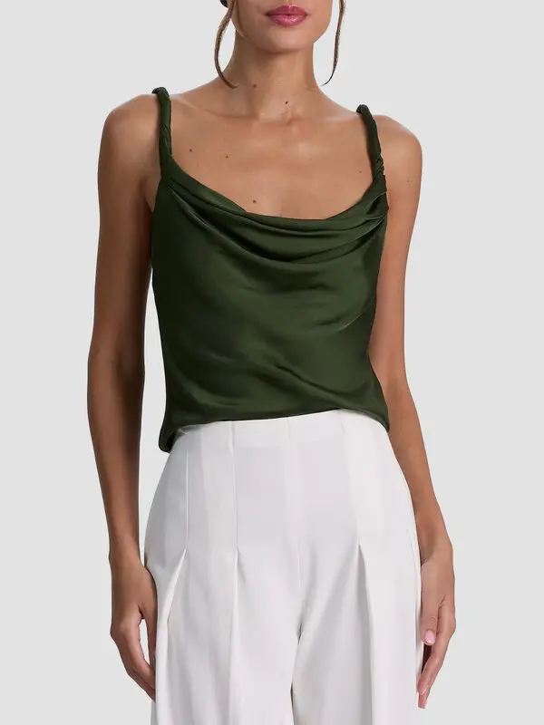 Alice + Olivia Monique Cowlneck Satin Tank - Dark Fern