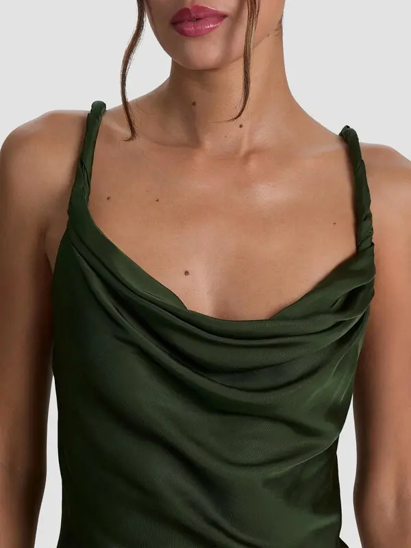 Alice + Olivia Monique Cowlneck Satin Tank - Dark Fern