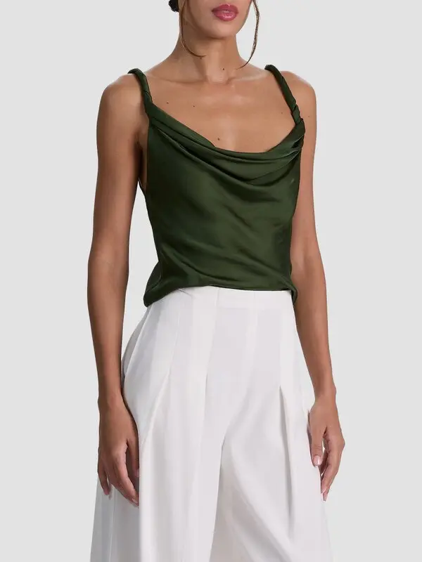 Alice + Olivia Monique Cowlneck Satin Tank - Dark Fern
