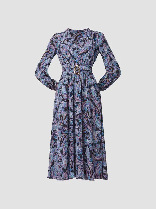 Shoshanna Kendall Belted Paisley A-line Midi-dress