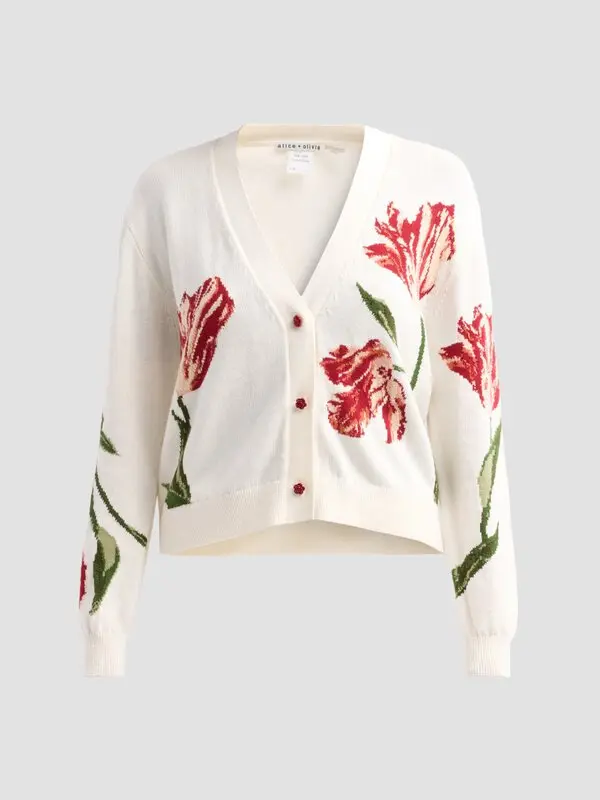 Alice + Olivia Bradley Floral Intarsia-knit Short Cardigan - Soft White Multi