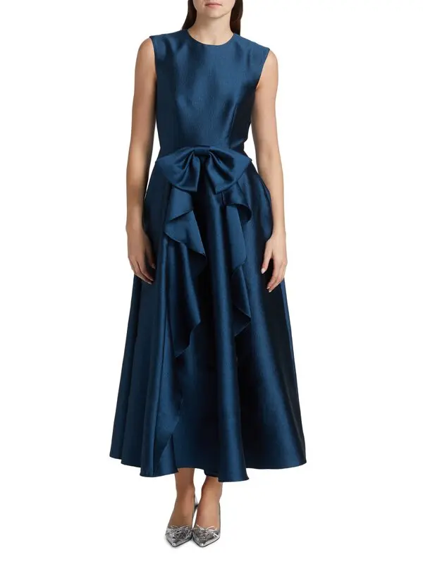 Shoshanna Leo Textured Satin Bow Midi-dress - Navy