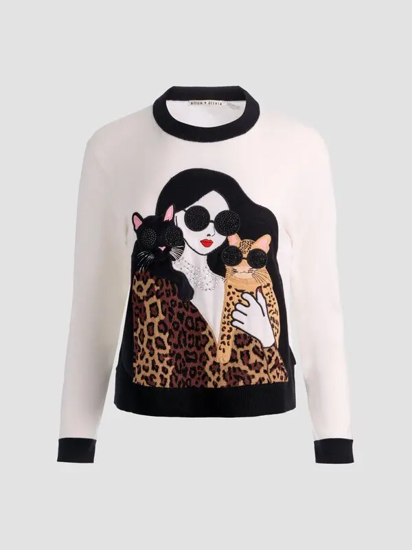Alice + Olivia Gleeson Staceface Leopard Merino Wool Pullover Sweater - Soft White Multi