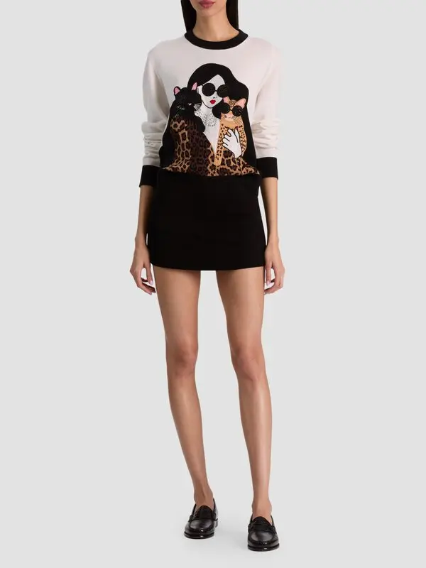 Alice + Olivia Gleeson Staceface Leopard Merino Wool Pullover Sweater - Soft White Multi