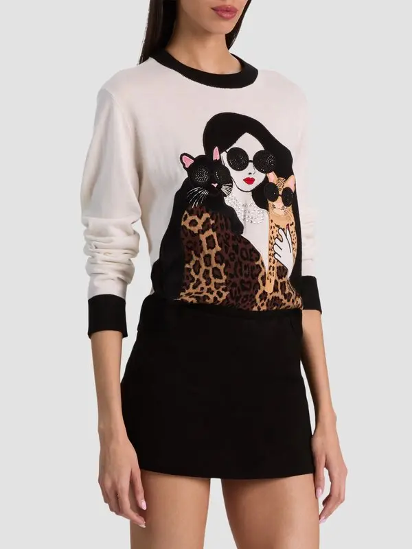Alice + Olivia Gleeson Staceface Leopard Merino Wool Pullover Sweater - Soft White Multi