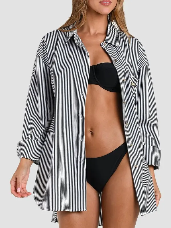 L'Agence Lorena Voyage Striped Cotton Cover-up Shirt