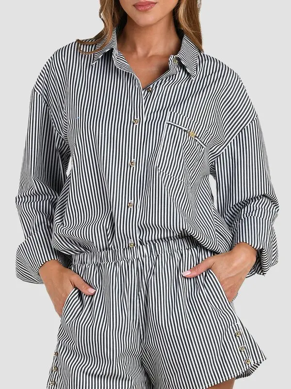 L'Agence Lorena Voyage Striped Cotton Cover-up Shirt