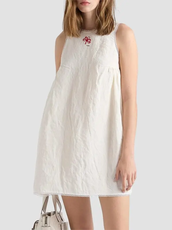 Prada Embroidered Slubbed Canvas Mini-dress