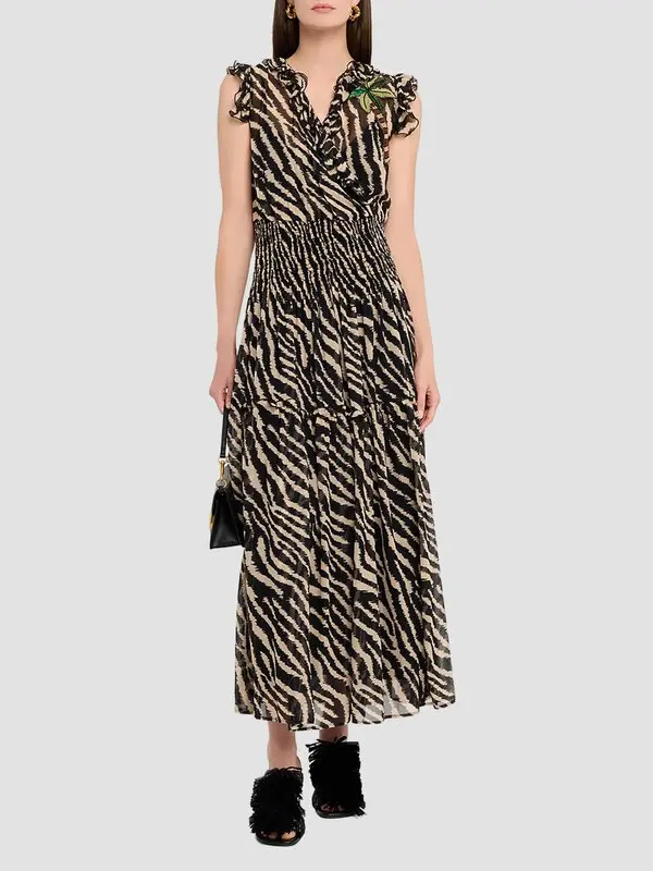 MAISON COMMON Embroidered Zebra Silk Georgette Midi-dress