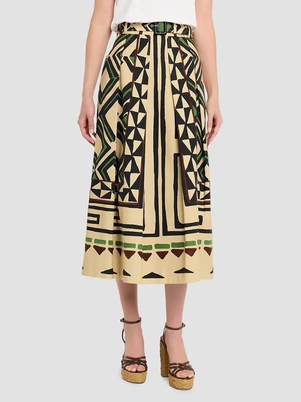 MAISON COMMON Patterned Cotton Canvas Belted Midi-skirt