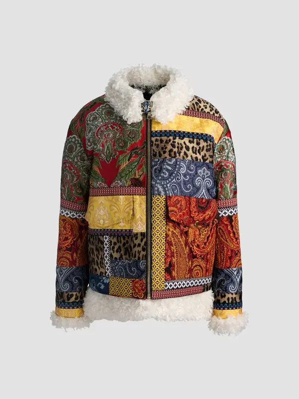 Alice + Olivia Hudson Patchwork Jacquard & Sherpa Aviator Coat