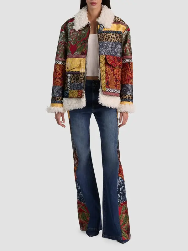 Alice + Olivia Hudson Patchwork Jacquard & Sherpa Aviator Coat