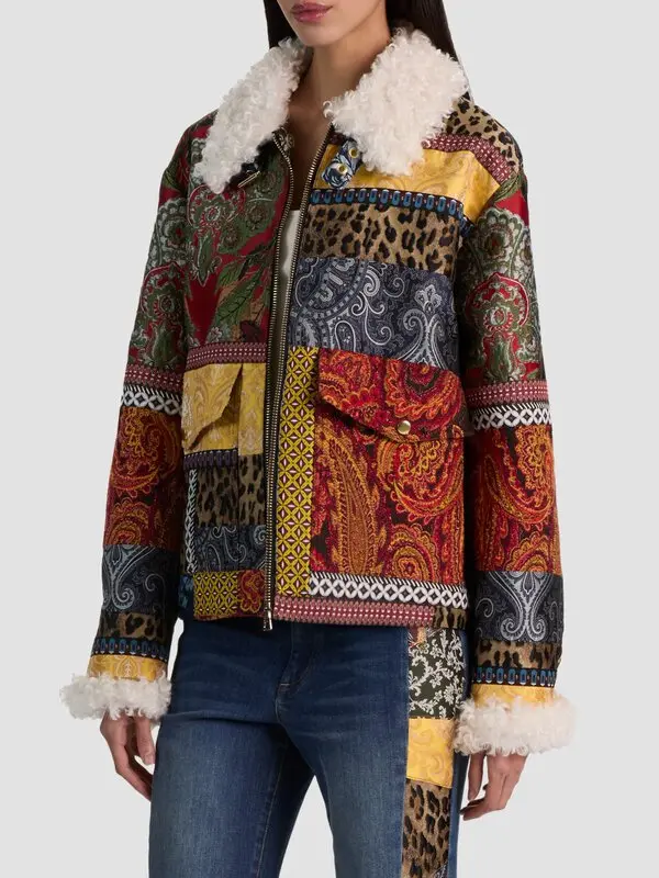 Alice + Olivia Hudson Patchwork Jacquard & Sherpa Aviator Coat
