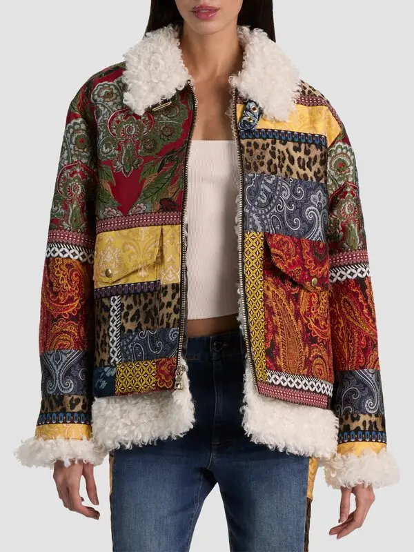 Alice + Olivia Hudson Patchwork Jacquard & Sherpa Aviator Coat