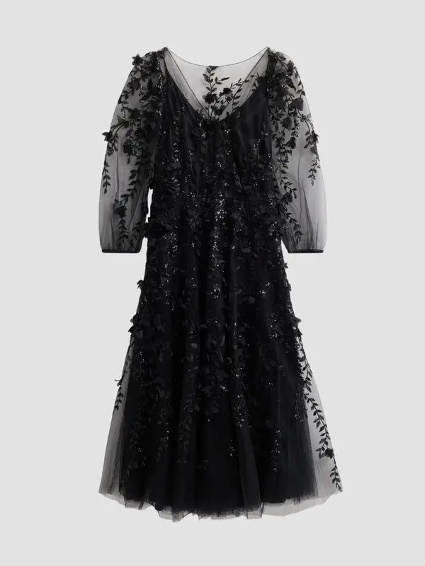 MAISON COMMON Floral Embroidered Tulle Illusion Midi Dress