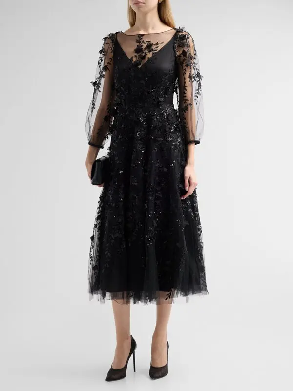 MAISON COMMON Floral Embroidered Tulle Illusion Midi Dress