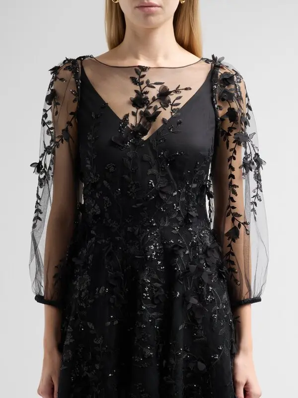 MAISON COMMON Floral Embroidered Tulle Illusion Midi Dress