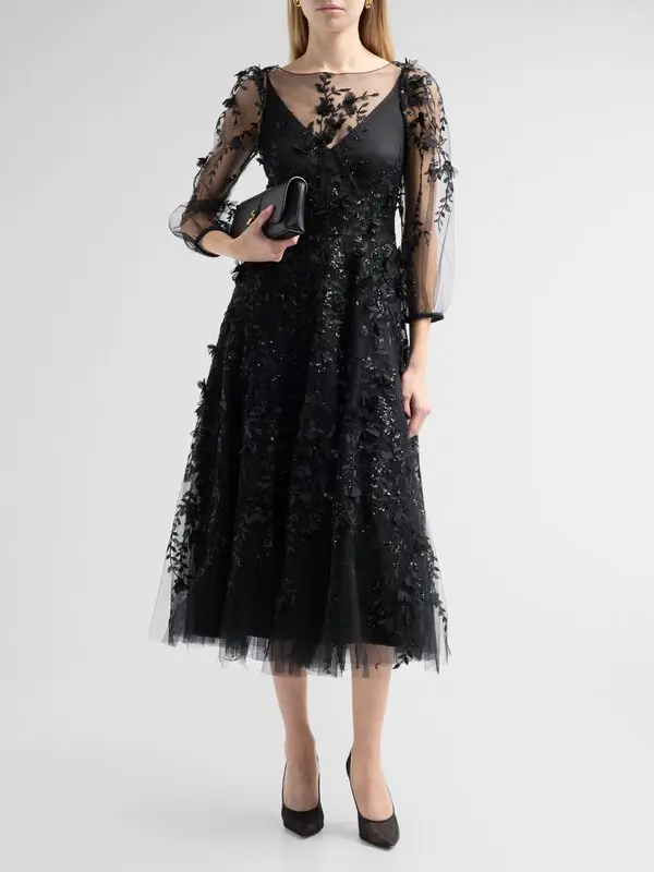 MAISON COMMON Floral Embroidered Tulle Illusion Midi Dress